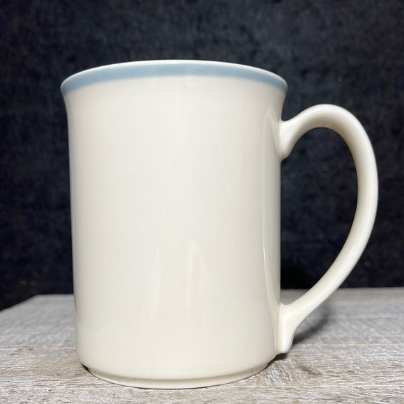 Corningware | Dining | Corning Stoneware Beige Mugs With Baby Blue Band ...